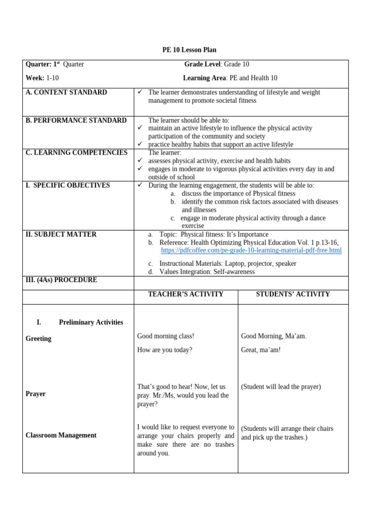 Grade 10 PE Lesson Plan Overview | PDF | Physical Education | Physical ...