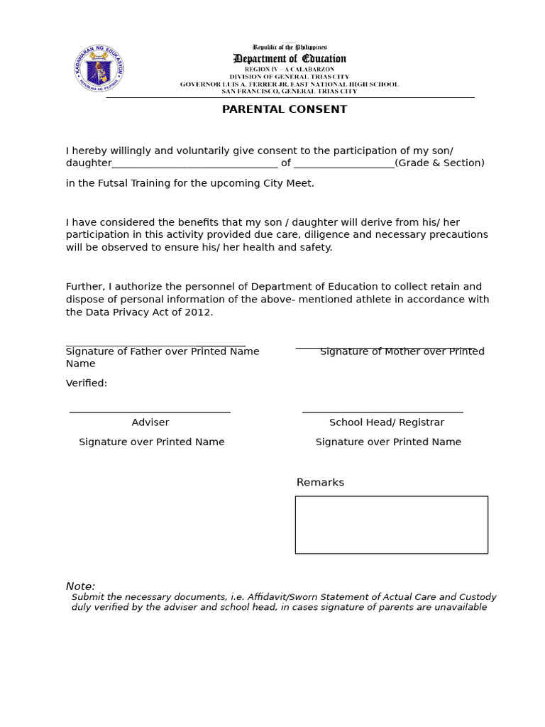 Futsal Training Parental Consent Form | PDF