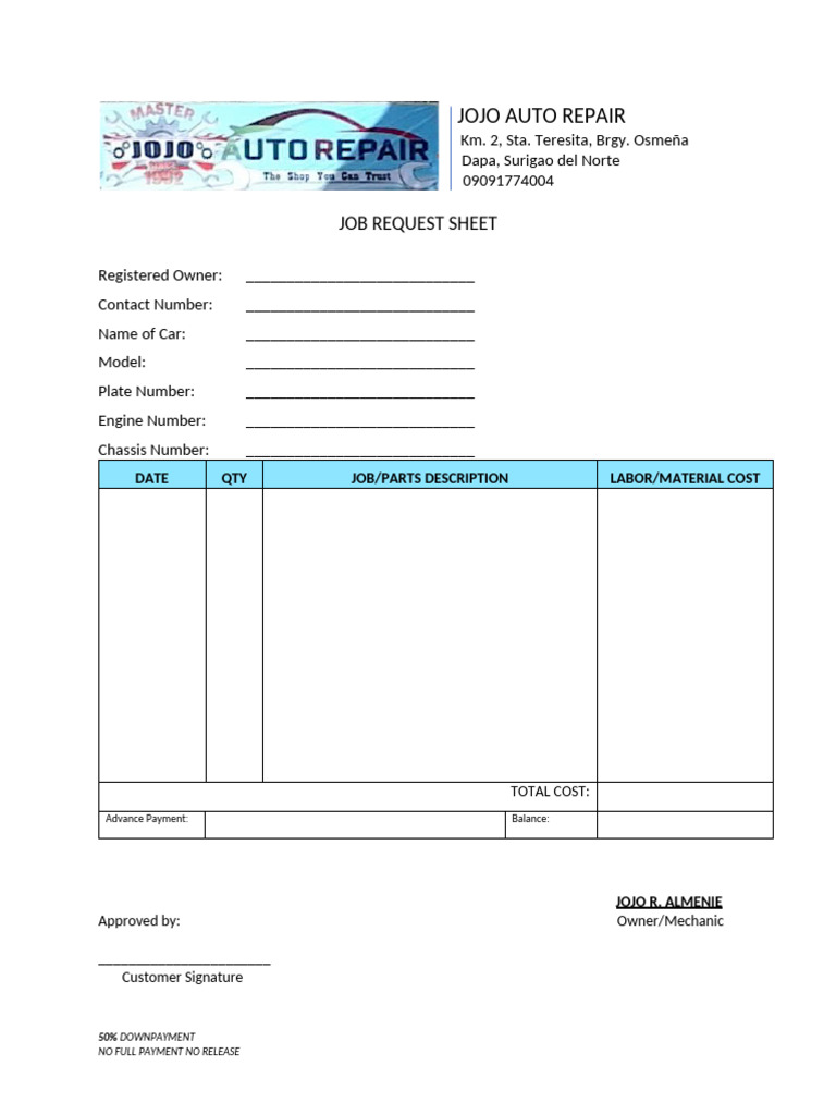 Job Request Sheet for Auto Repair | PDF