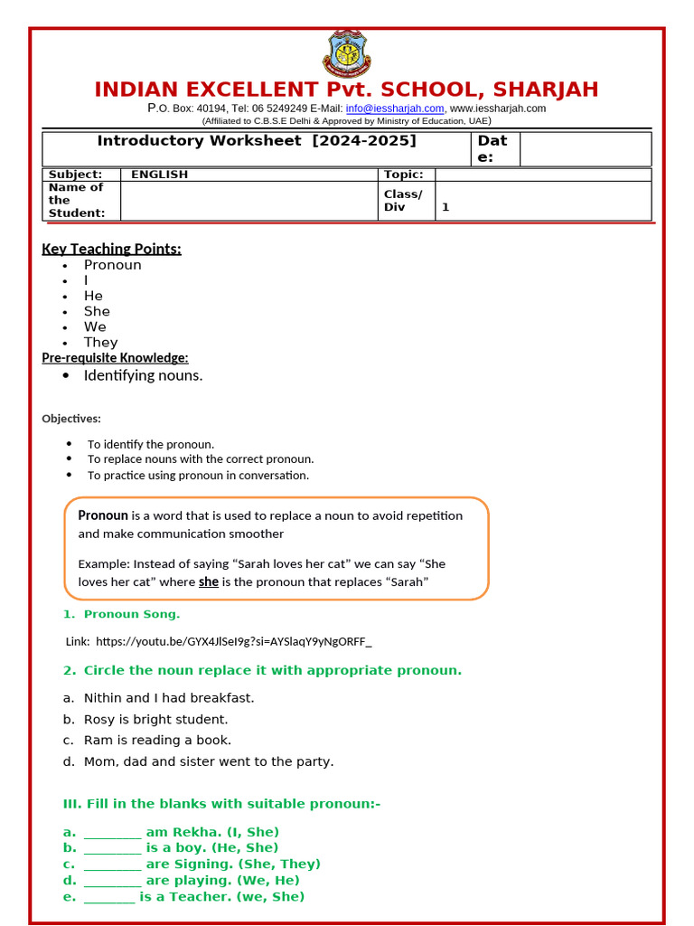 L - 4 English Introductory Worksheet | PDF