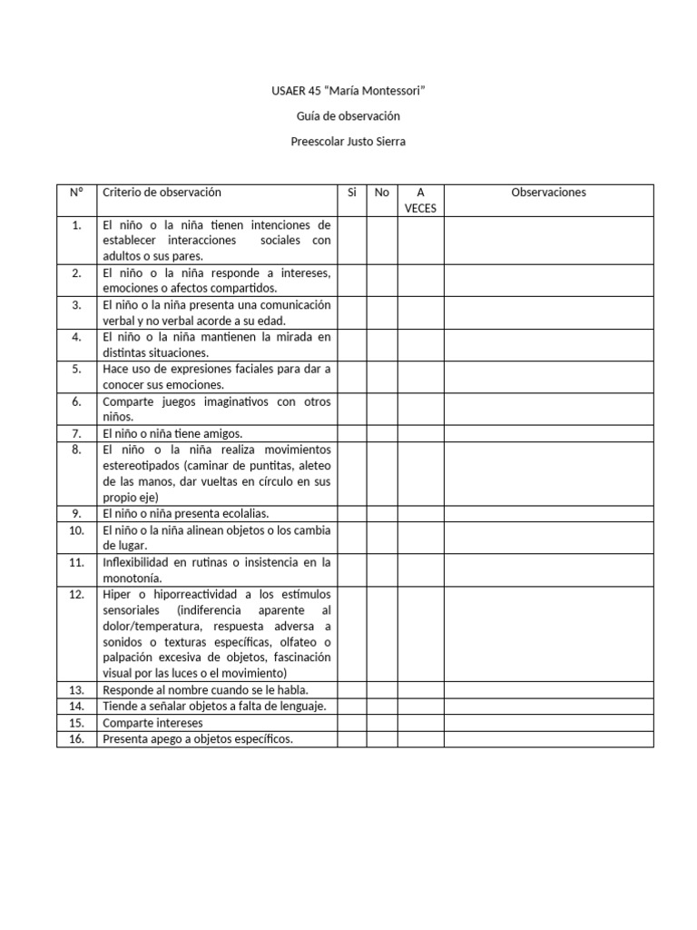 Guía de Observación Infantil Montessori | PDF