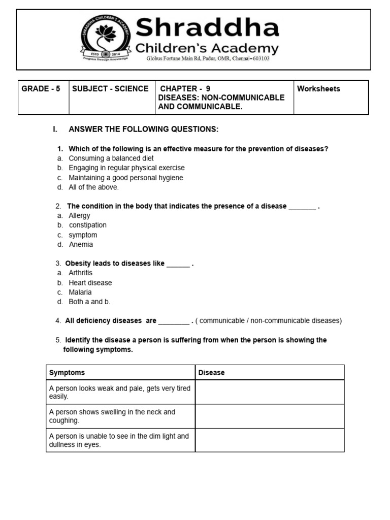 GRADE - 5 CH - 9 Diseases Worksheet 1 | PDF | Vitamin | Diseases And ...