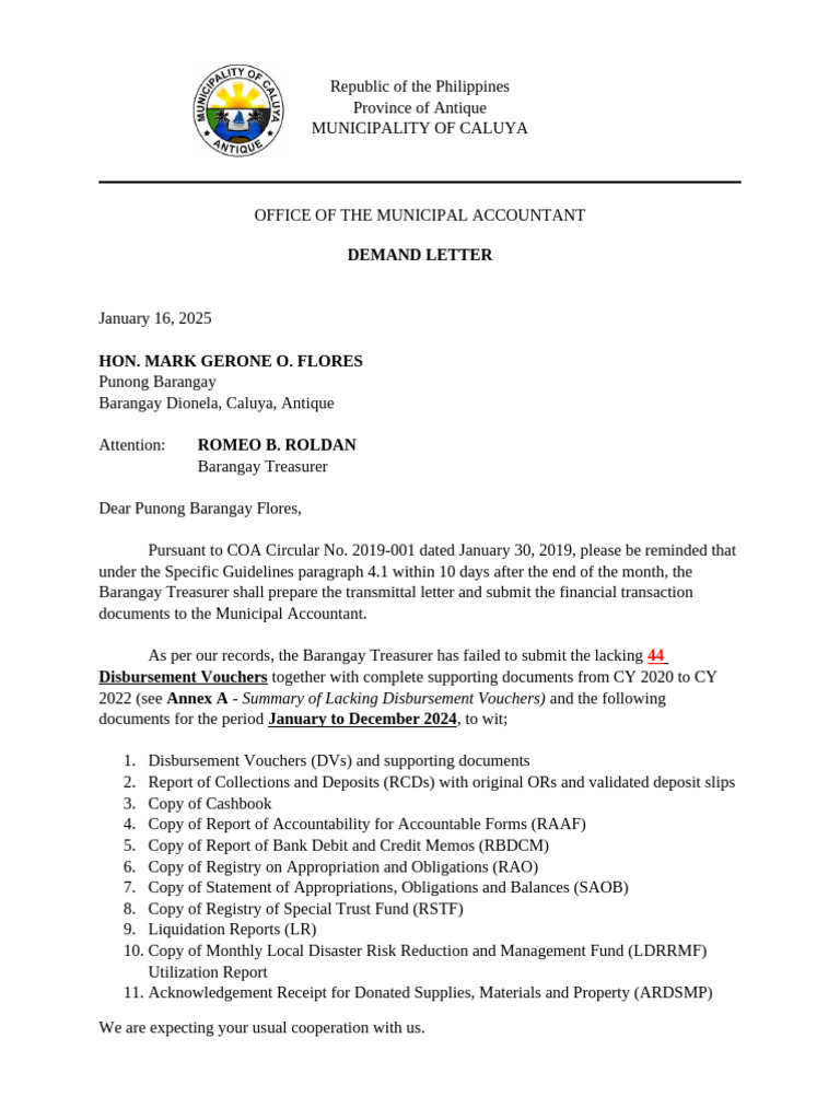 Barangay Demand Letter for Missing Docs | PDF