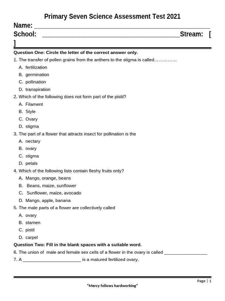 Primary Seven Science Assessment Test 2 2021 | PDF | Flowers | Pollination