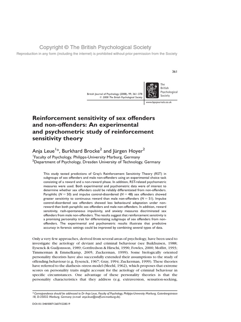 Reinforcement Sensitivity Of Sex Offenders Pdf Psychology Behavioural Sciences