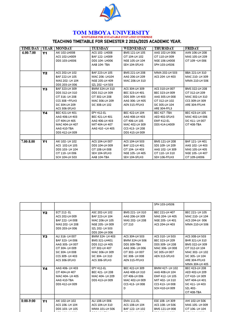 Of Teaching Timetable Semester 2 2024 2025 10 Jan 2025 | PDF