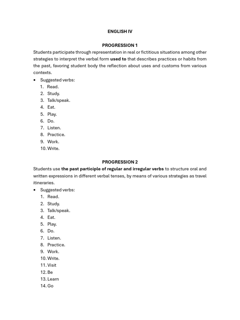 English 4 Progressions Suggested Verbs, Vocabulary and Sentences | PDF ...
