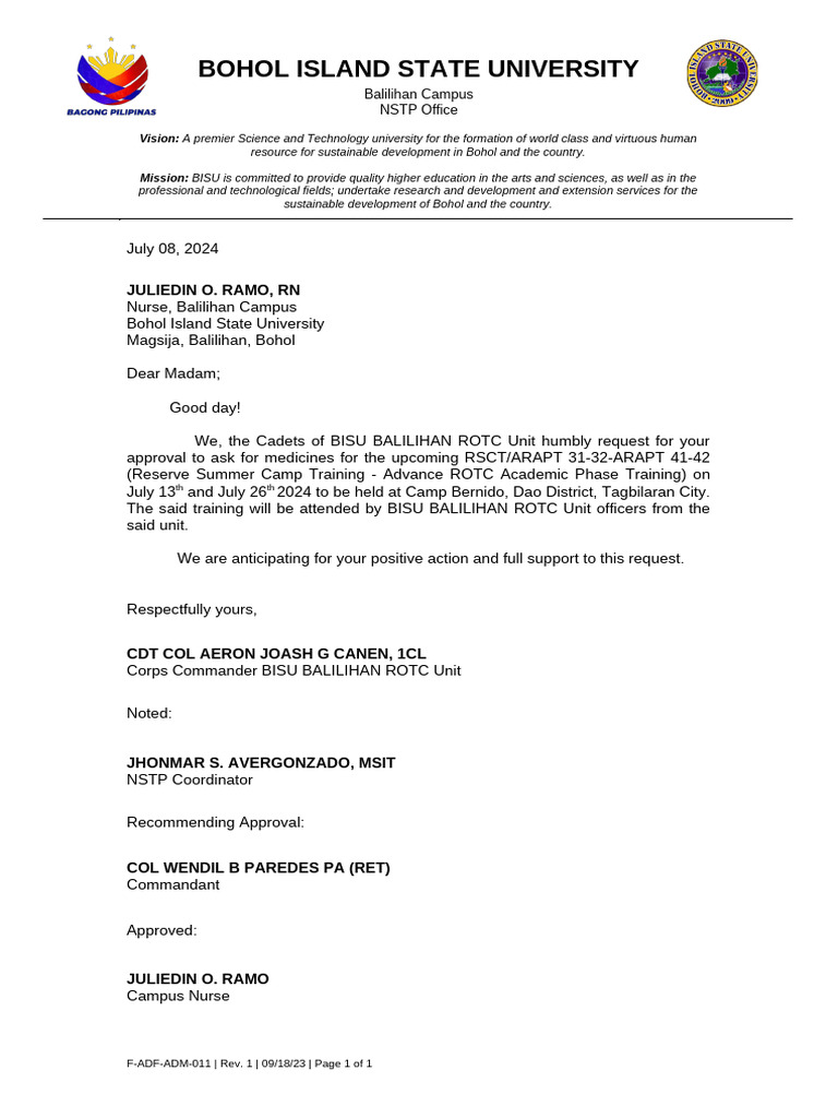 BISU ROTC Medicine Request Letter | PDF