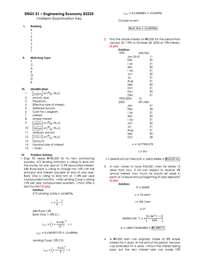 Engineering Economy Midterm Exam Key | PDF | Interest | Loans