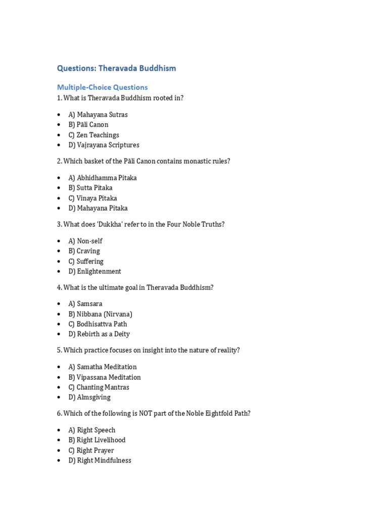 Theravada Buddhism Questions Only | PDF