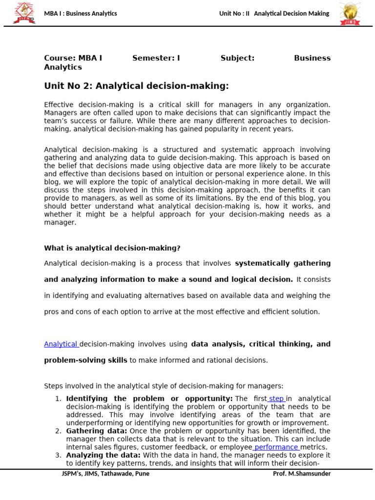 Unit No 2 Analytical decision Making | PDF | Statistics | Data Analysis