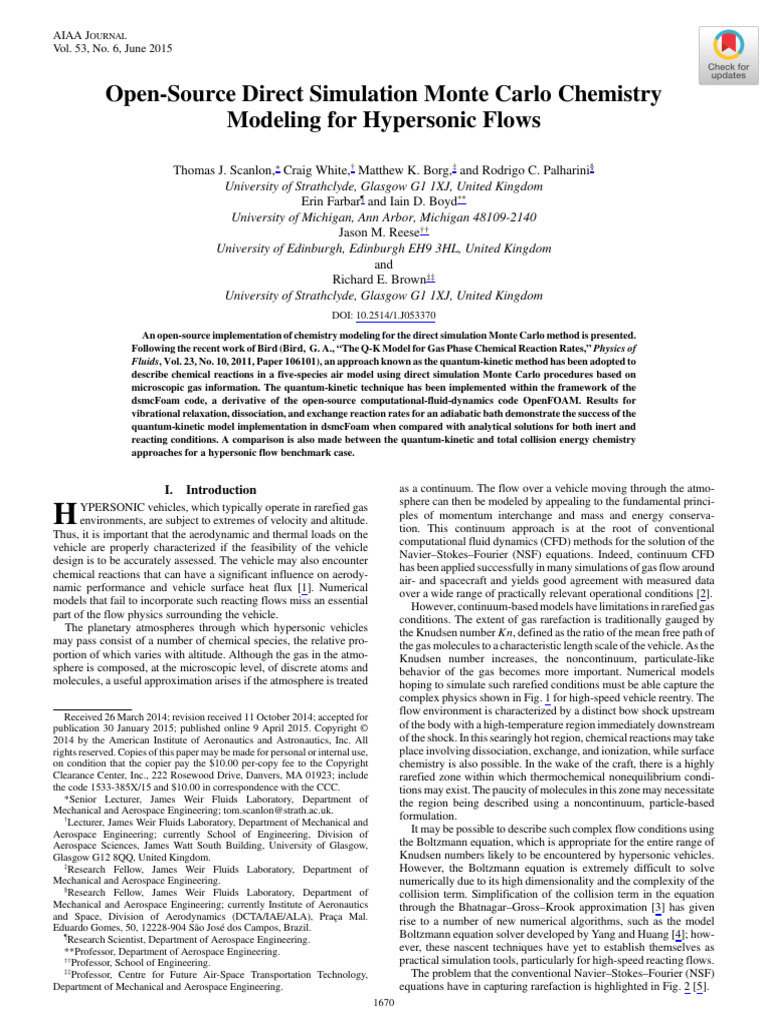 Scanlon Et Al 2015 Open Source Direct Simulation Monte Carlo Chemistry Modeling For Hypersonic ...