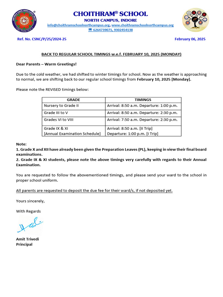 Regular School Timings (W.e.f. Feb 10, 2025) | PDF