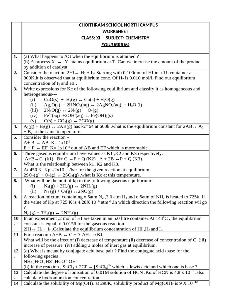 Chemistry Equilibrium Worksheet for Class XI | PDF | Chemical ...
