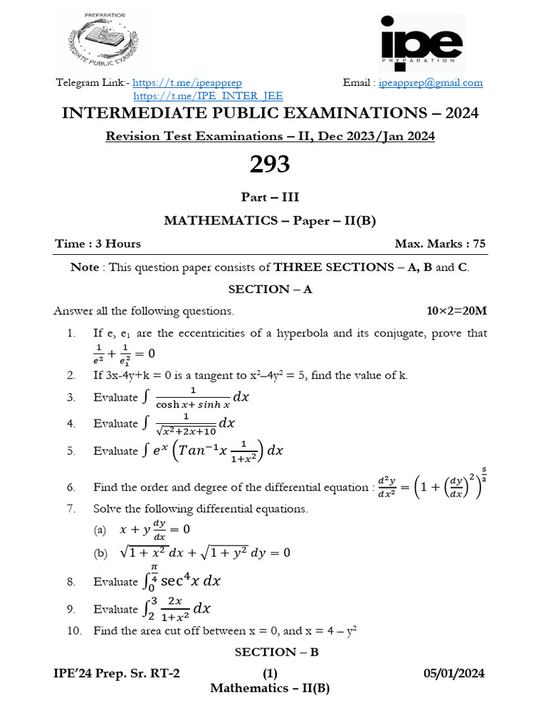 Mathematics - II (B) Sr. RT-2 IPE'24 | PDF | Mathematical Physics | Mathematics