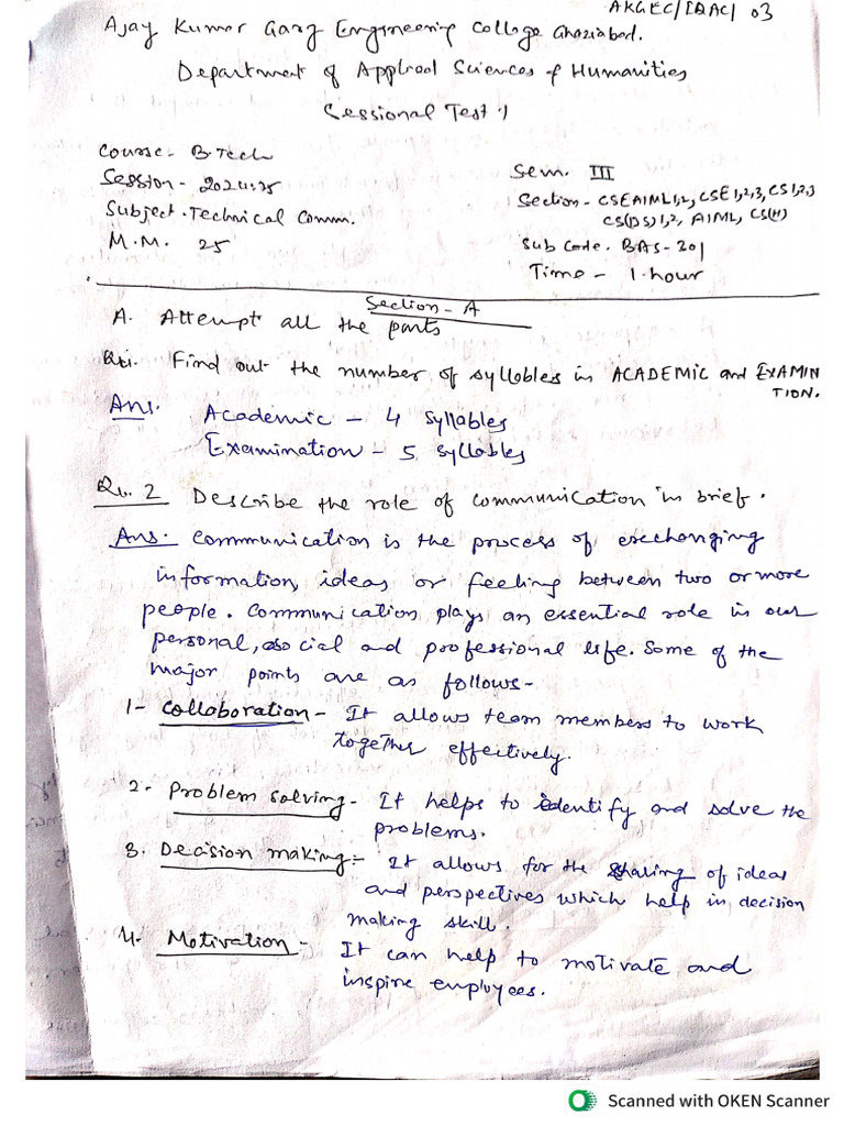 ST - 1 ODD SEMESTER BAS 301 Technical Communication Solution With Question Paper | PDF