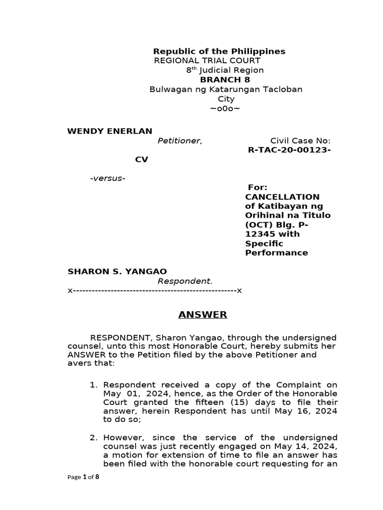 Answer Abastillas FINAL | PDF | Lawsuit | Justice