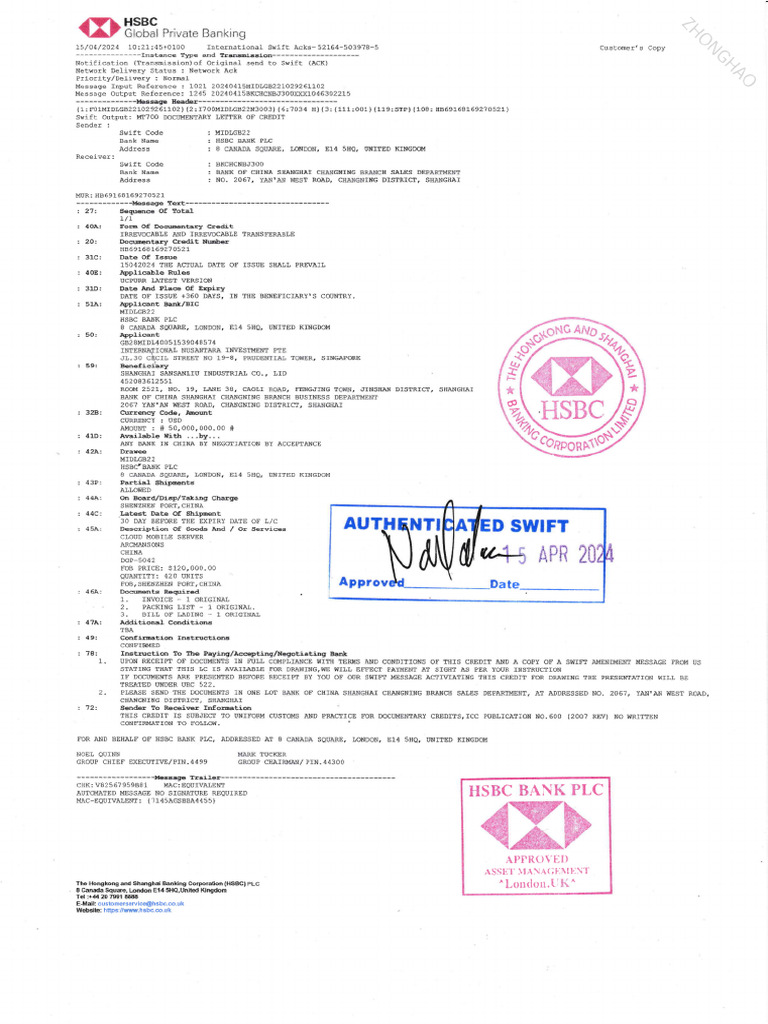 Swift Mt 700 Dlc Hsbc Uk to Boc_0001_zhong_t | PDF