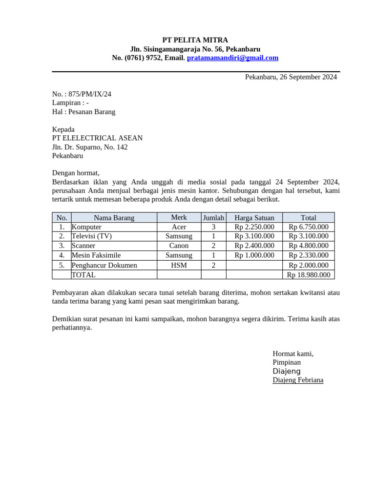 Contoh Surat Pesanan | PDF
