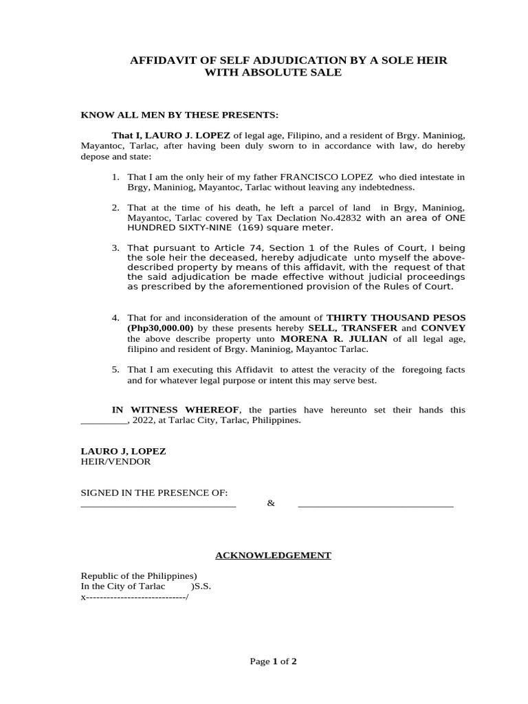 Affidavit of Self Adjudication by A Sole Heir With Absolute Sale | PDF | Affidavit | Private Law