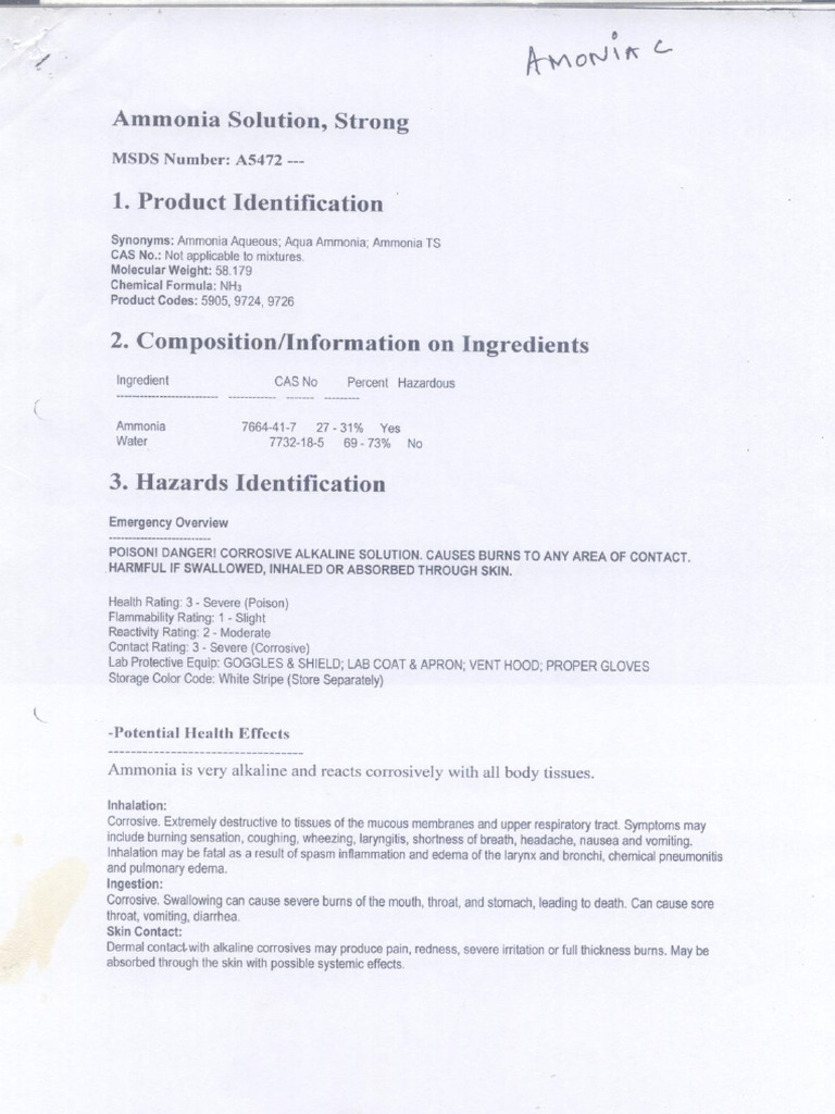 Amoniac, MSDS | PDF