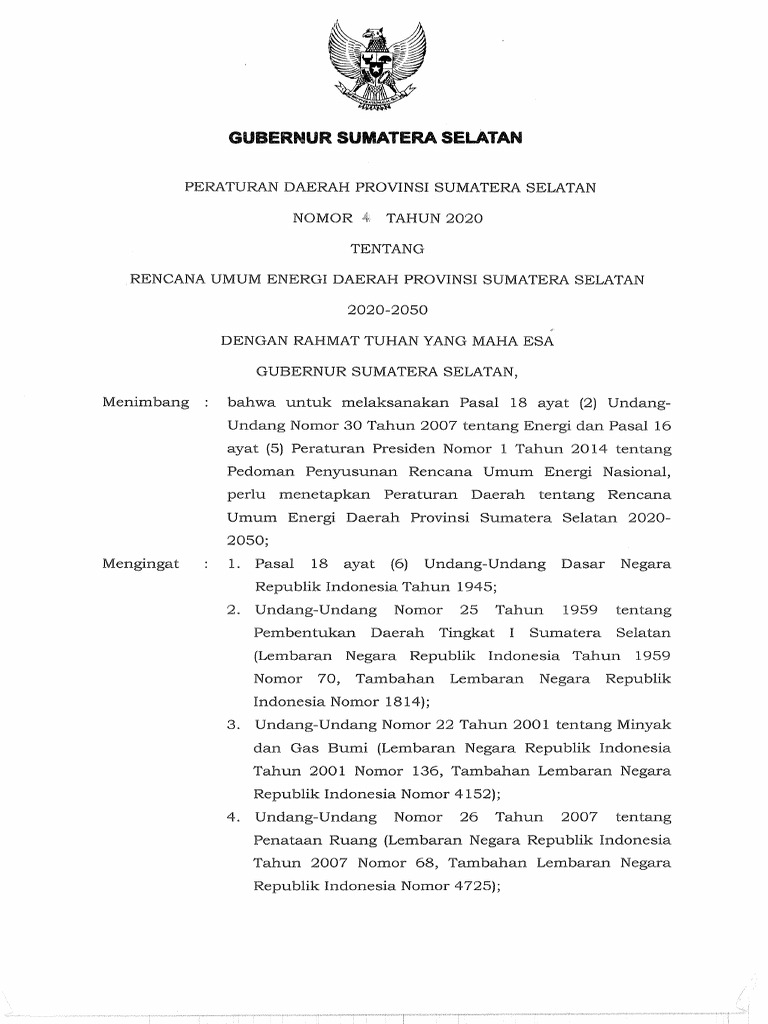 Perda No 4 Tahun 2020 Tentang RUED Provinsi Sumsel | PDF