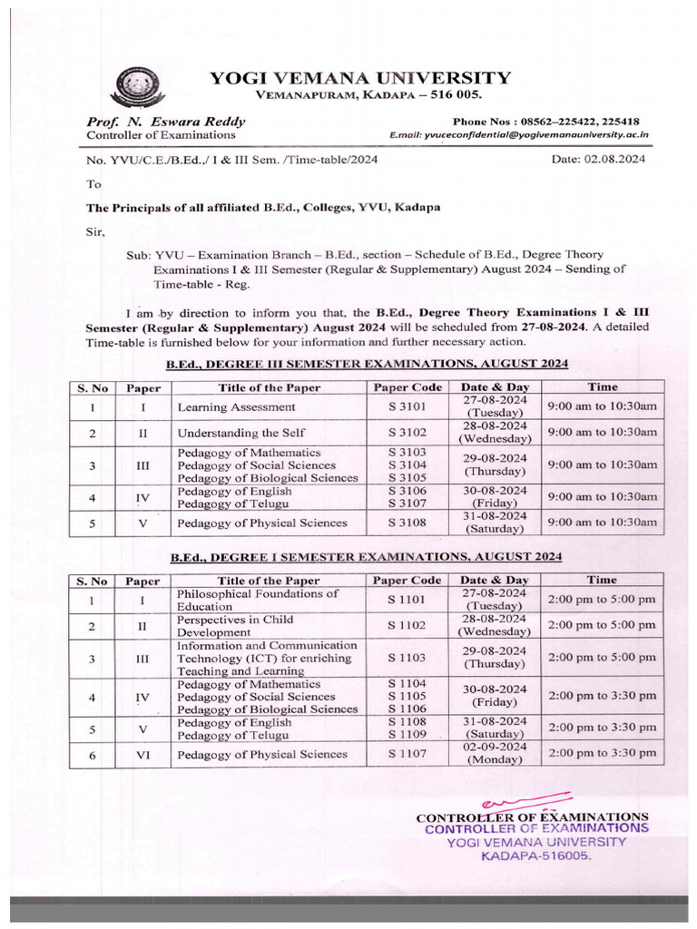 B Ed I III Sem Aug 2024 Time Table | PDF