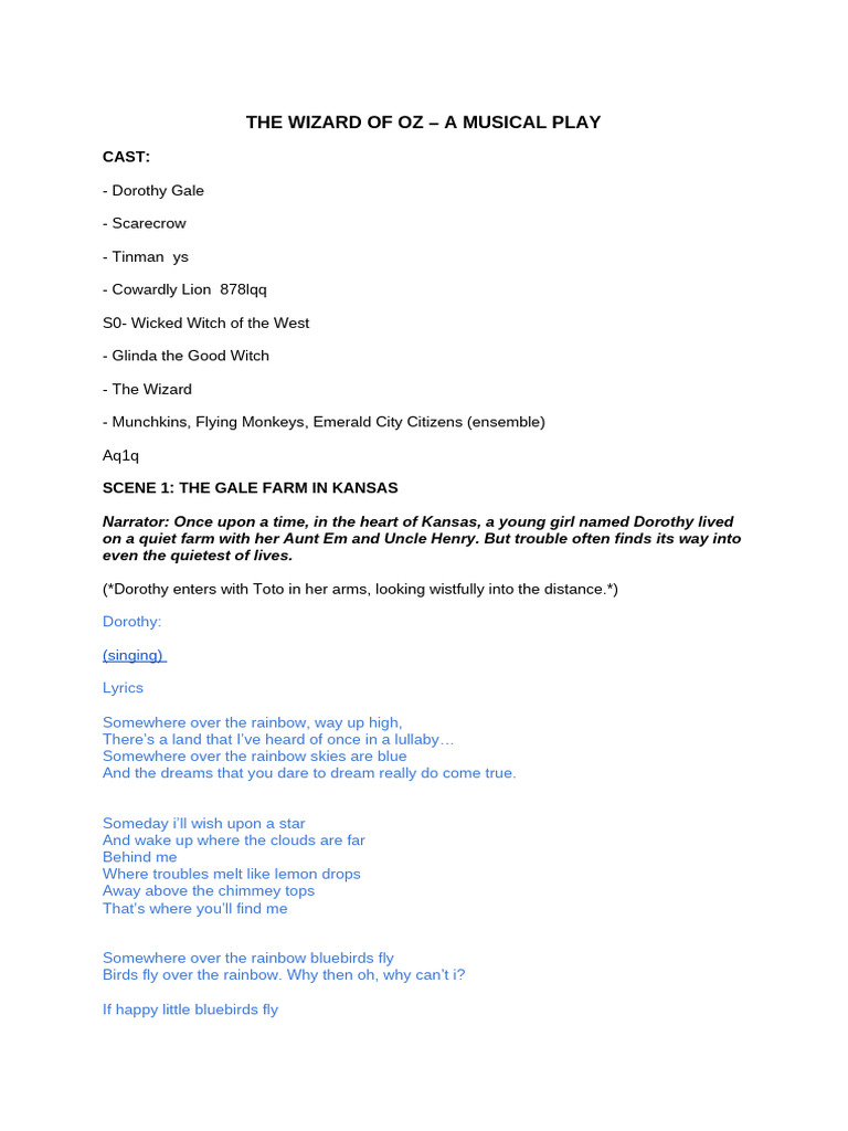 Wizard of Oz Musical Play Script | PDF | Dorothy Gale | Wizard Of Oz ...