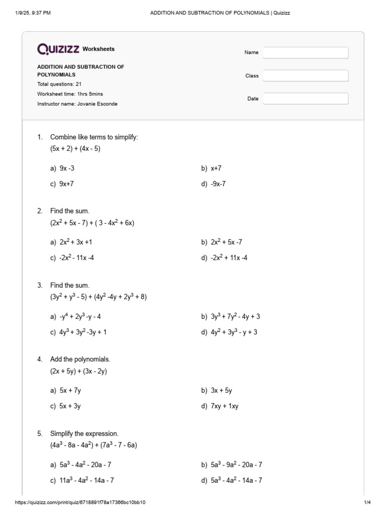 Polynomial Addition & Subtraction Worksheets | PDF | Arithmetic ...