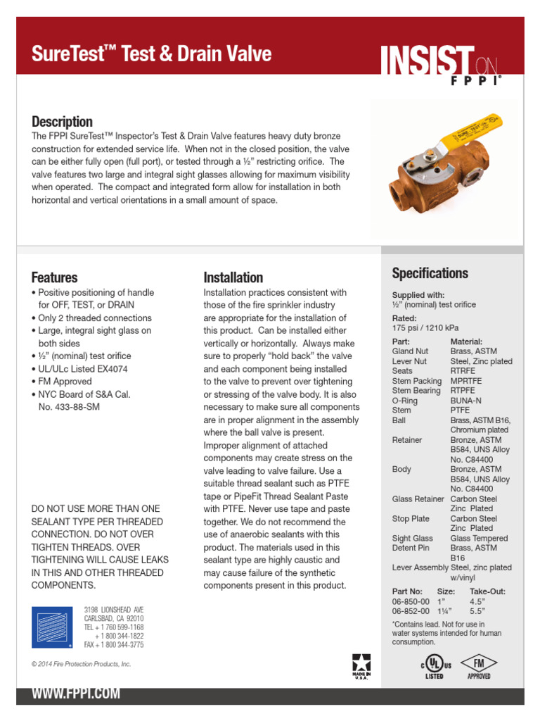 SureTest™ Test & Drain Valve Specs | PDF | Valve | Materials