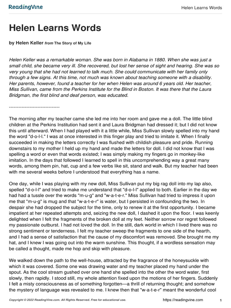 Helen-Learns-Words-passage(1) | PDF | Helen Keller