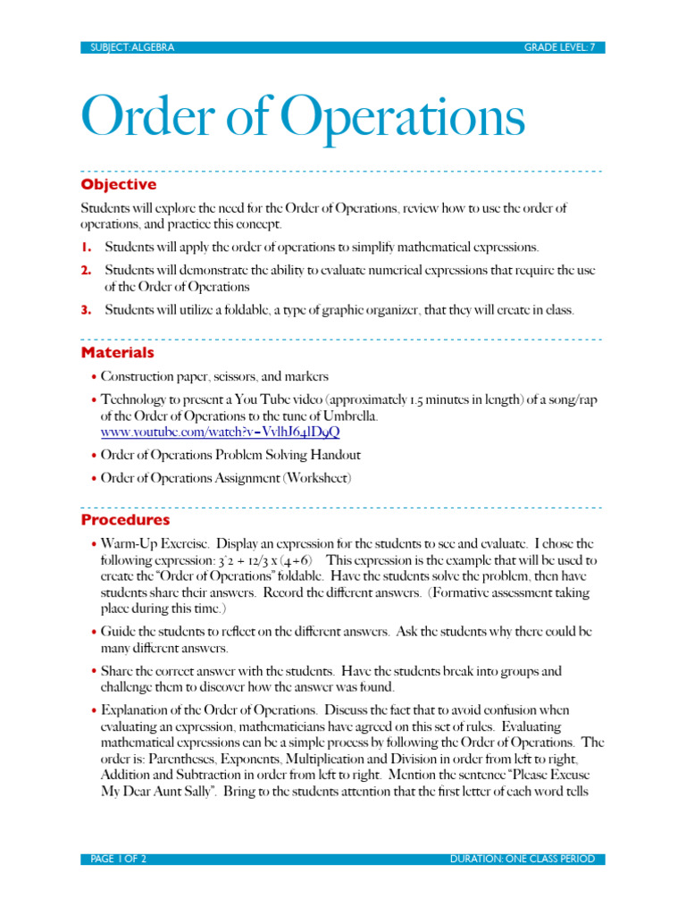Mastering Order of Operations in Algebra | PDF | Multiplication ...