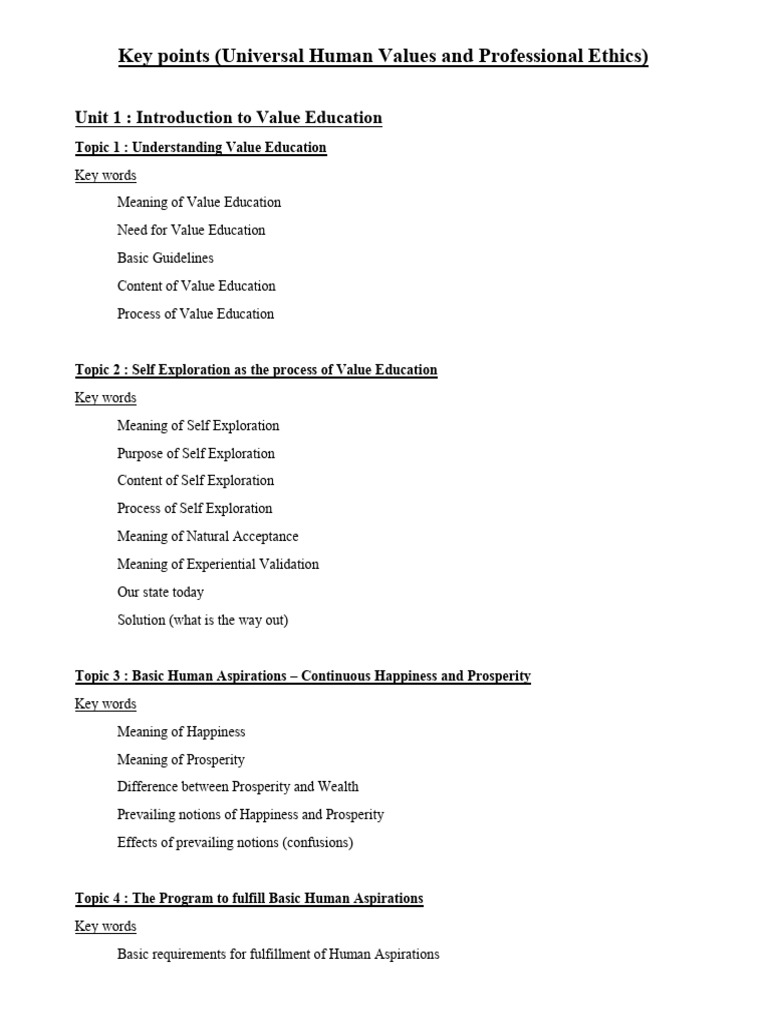 Unit Wise Imortant Key Points | PDF | Happiness | Self