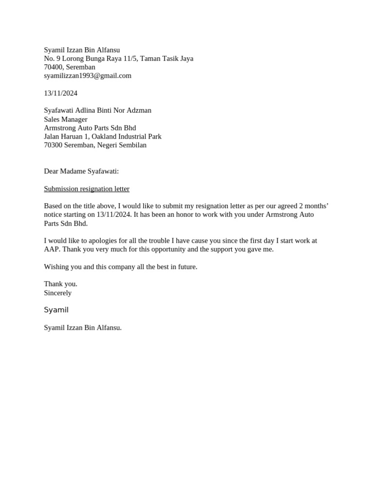 Syamil Izzan Alfansu Letter of Resignation | PDF