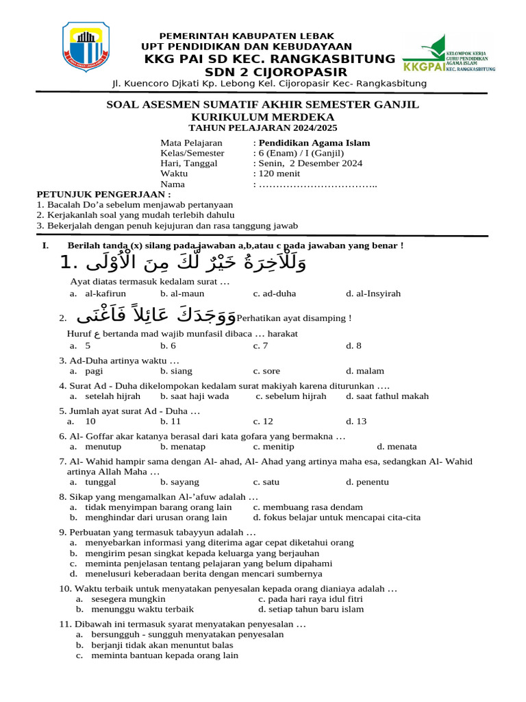 Soal Sas Pai Ganjil KLS 6 KKG RKS 2024 | PDF