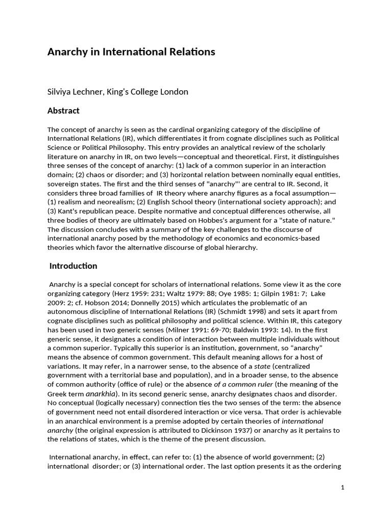 Anarchy in IR Oxford Research Encyclopedia | PDF | Immanuel Kant ...