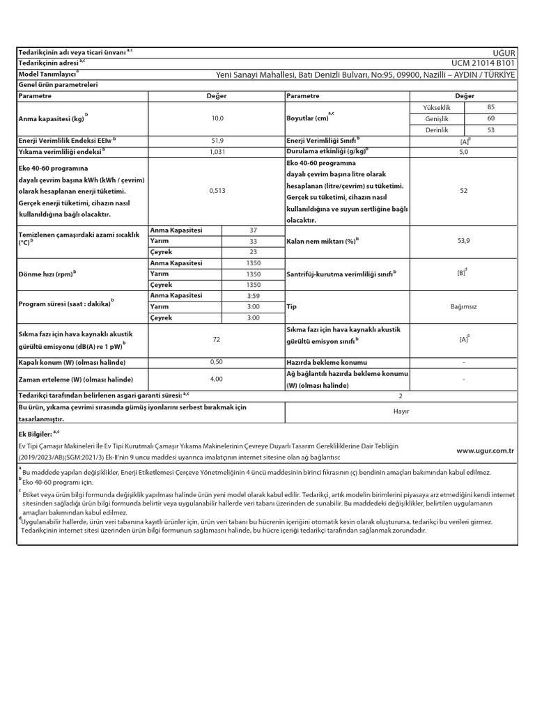 UCM 21014 B101 ürün bilgi formu | PDF