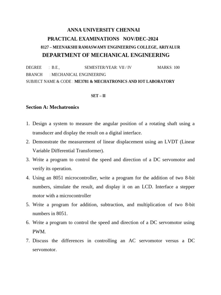ME3781 Mechatronics & IoT Lab Exam Guide | PDF | Microcontroller ...