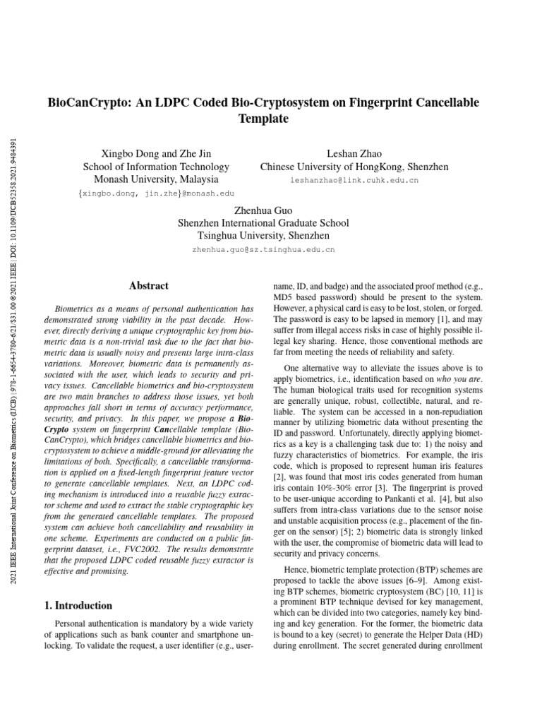 BioCanCrypto An LDPC Coded Bio-Cryptosystem On Fingerprint Cancellable Template | PDF ...