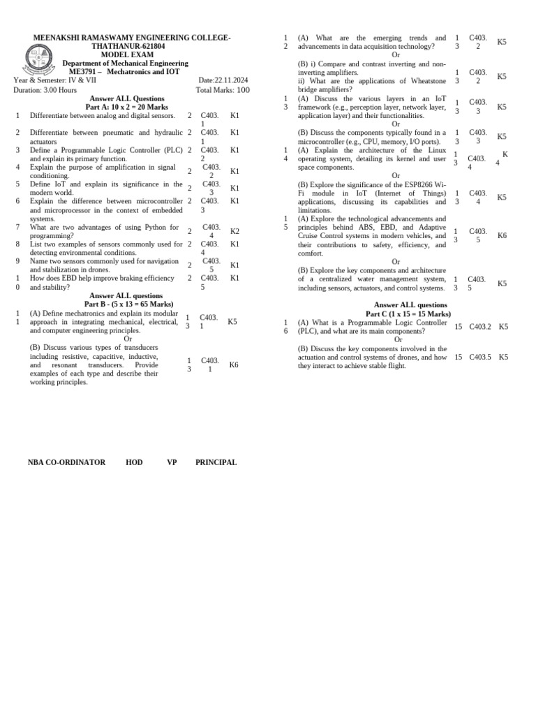 ME3791 - MECHATRONICS and IOT Model Exam | PDF | Mechatronics | Programmable Logic Controller