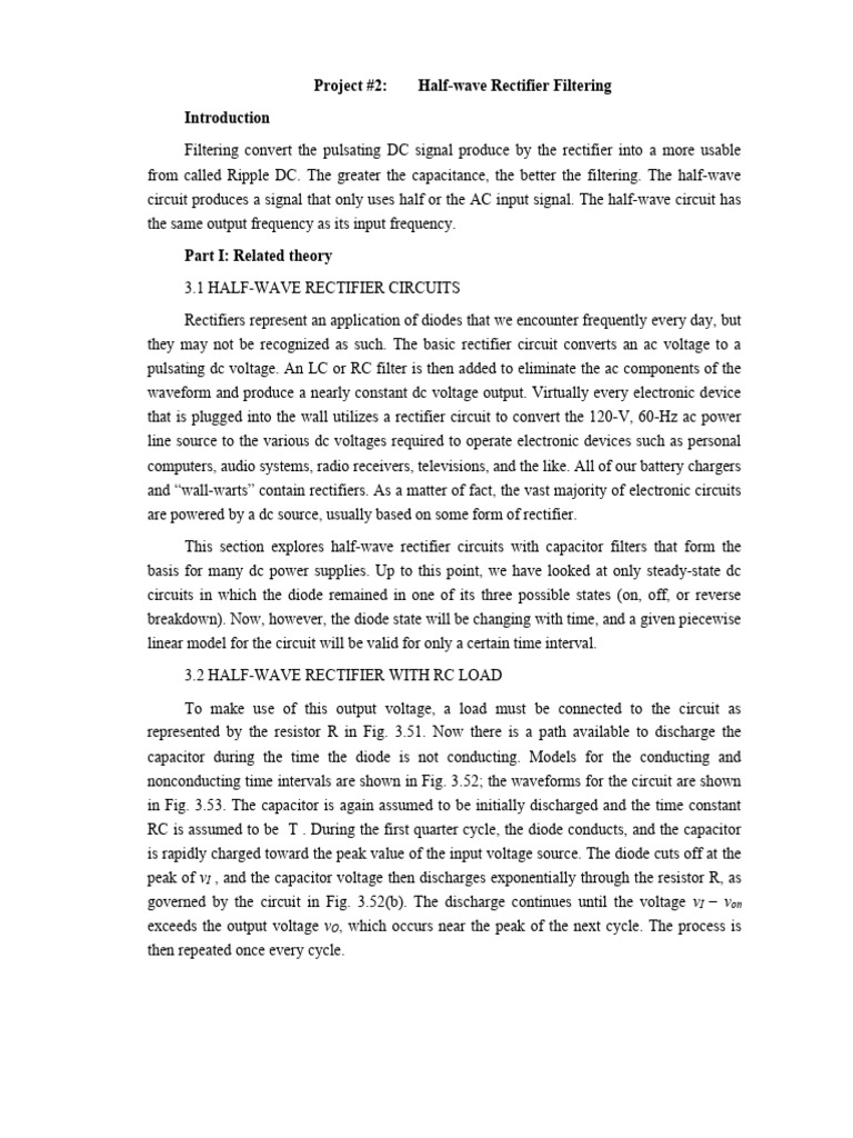 Project 2 Half Wave Rectifier Filtering PDF Rectifier Electrical