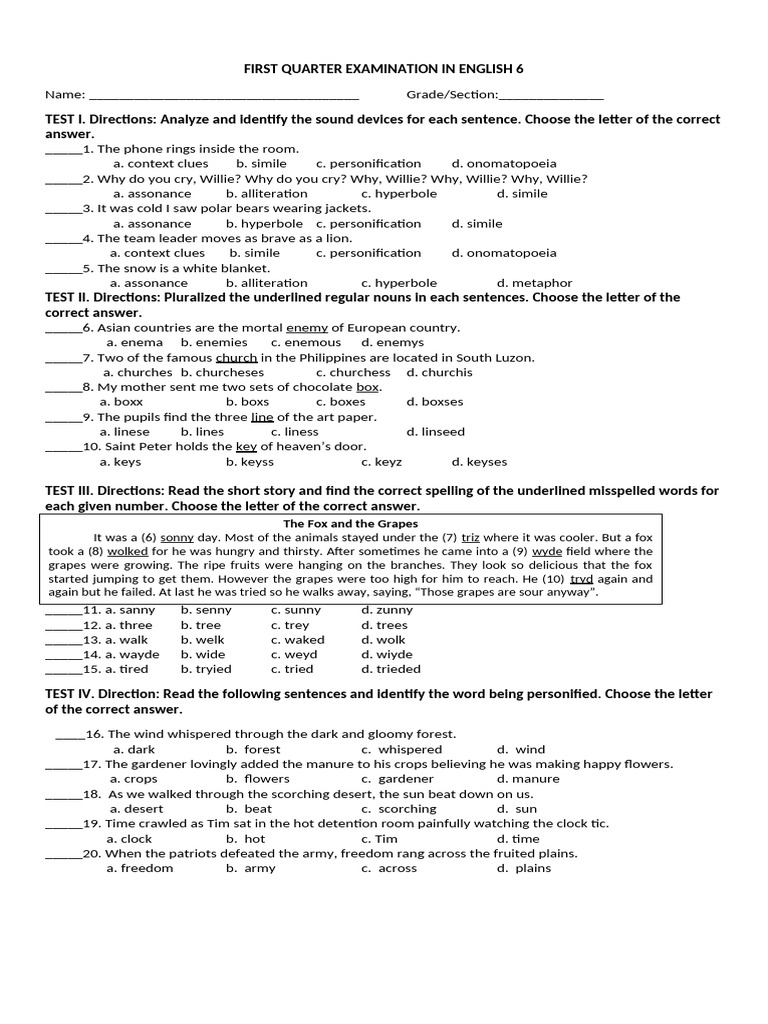 First Quarter Assessment-English 6 | PDF | Linguistic Morphology | Grammar