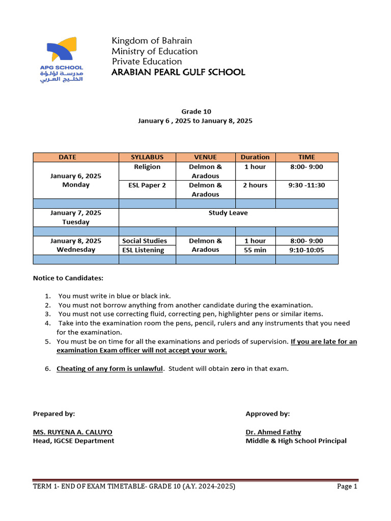 Grade 10 Term 1 Exam Timetable 2024-2025 | PDF