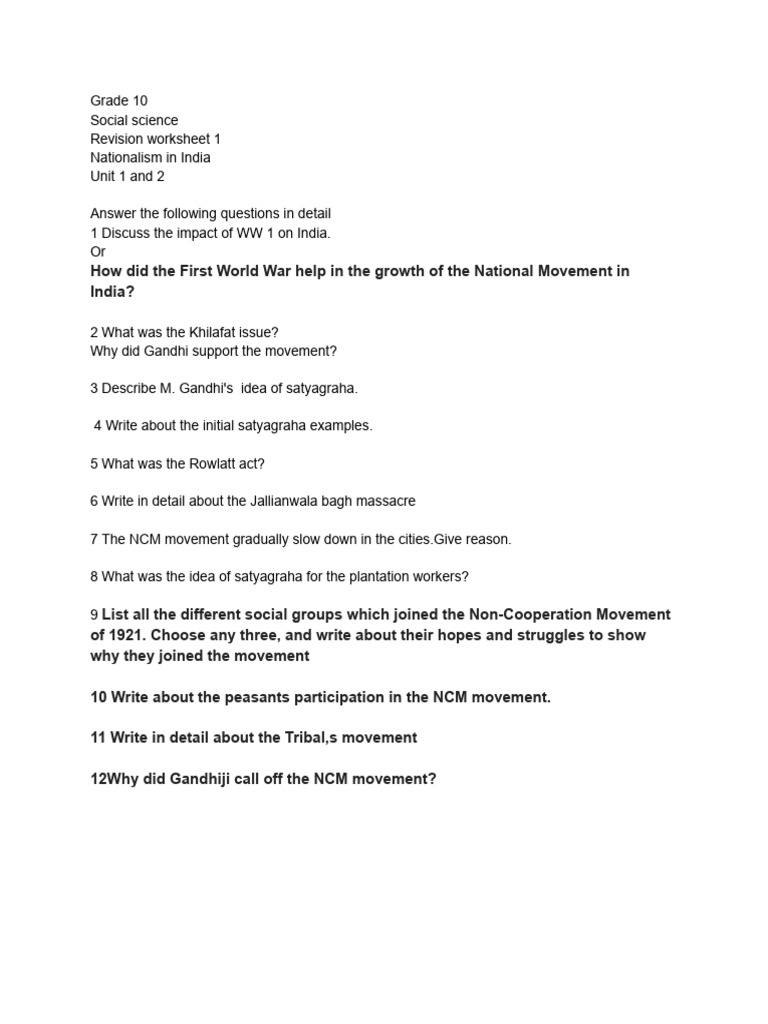 SST - Nationalism in India Unit 1 & 2 (Worksheet 1) | PDF