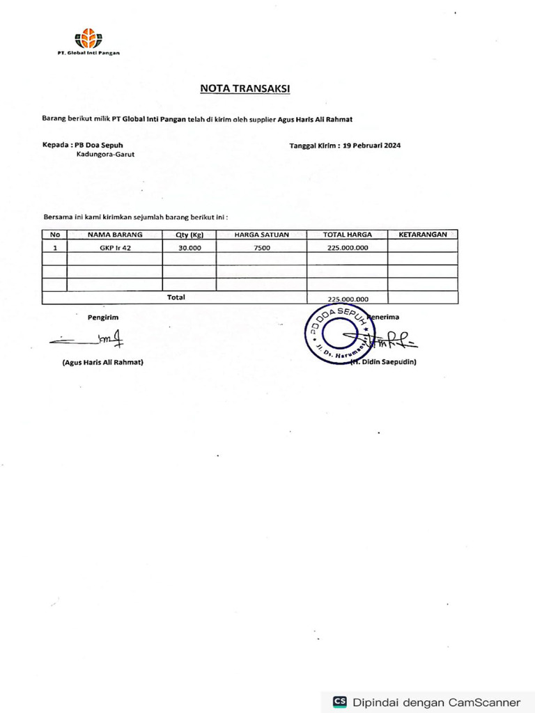 Nota transaksi GKP Ir PB Doa Sepuh 18 Peb 2024 | PDF