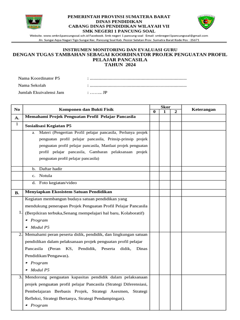 Instrumen Monev Tugas Tambahan P5 2024 | PDF