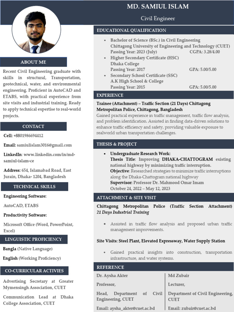 Civil Engineer Resume of Md. Samiul Islam | PDF | Civil Engineering | Dhaka