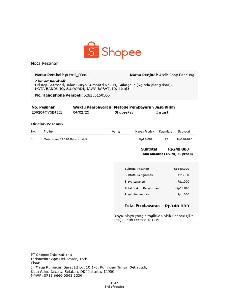 Contoh Invoice dengan Materai | PDF