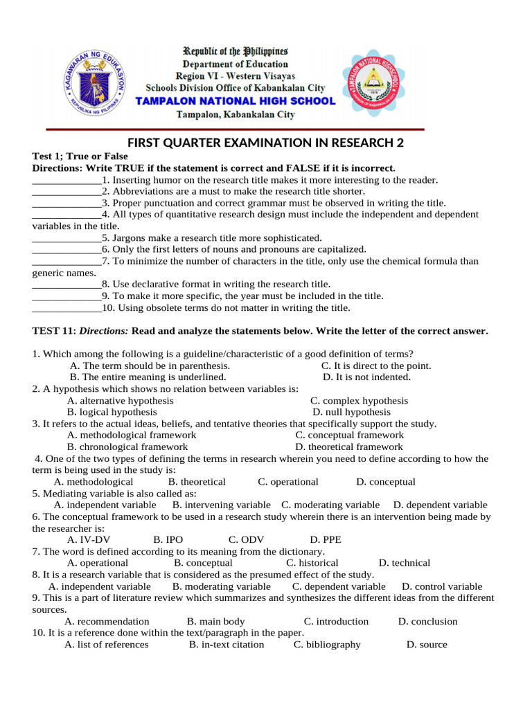 1st Grading Exam Research 2 | PDF | Hypothesis | Question