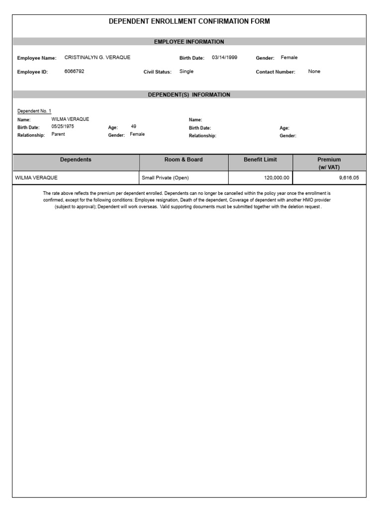 Dependent Enrollment Confirmation Form | PDF